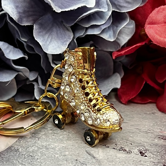 Accessories | Golden Roller Skate With Silver Crystals Keychain Charm ...